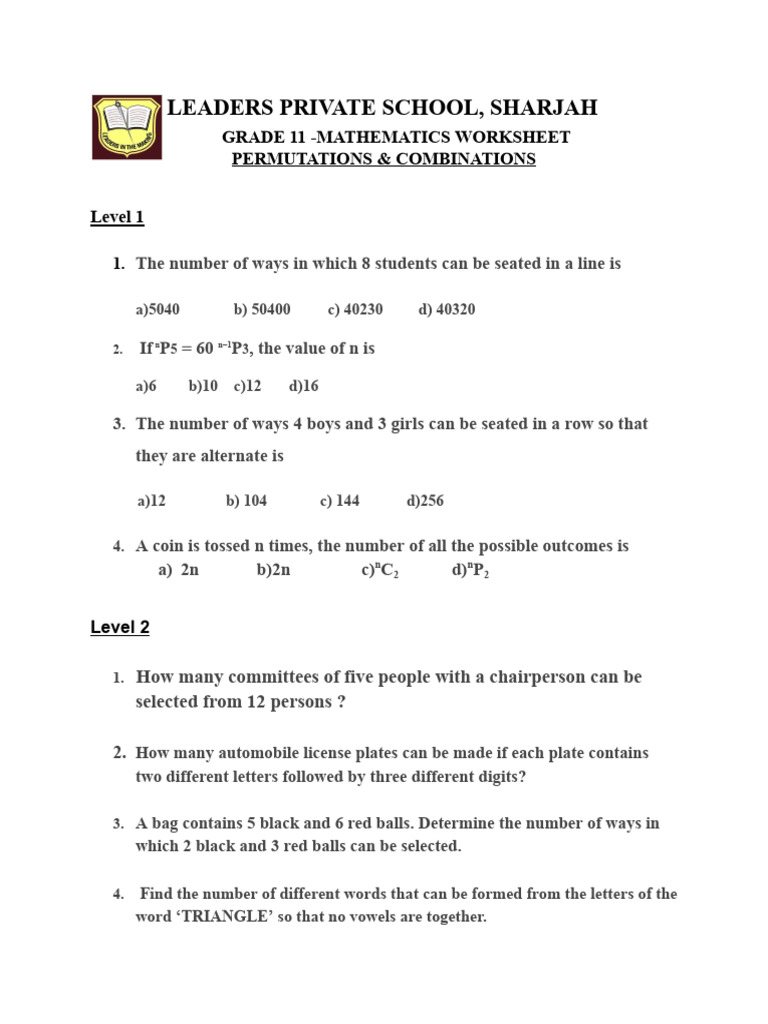 Grade 11 Math: Permutations & Combinations Worksheet | PDF