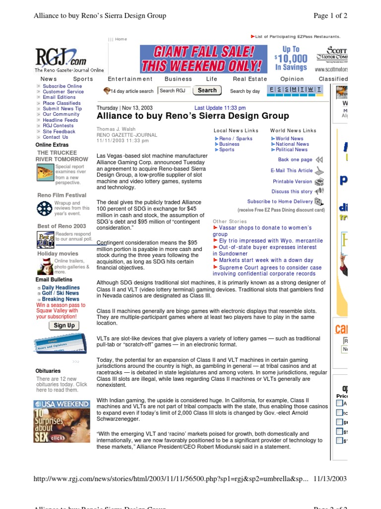 Alliance To Buy Reno's Sierra Design Group | PDF | Slot Machine | Gambling