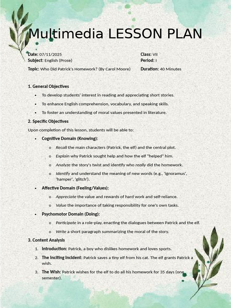 Multimedia Lesson Plan: Patrick's Homework | PDF | Homework | Human ...
