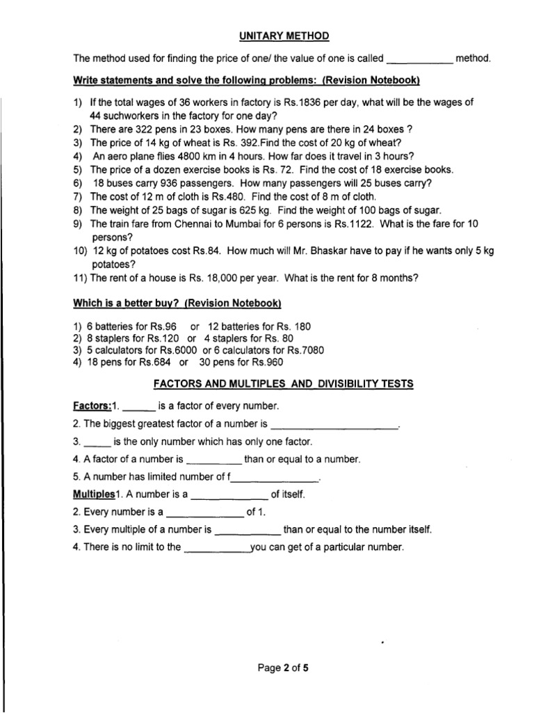 CBSE Class 5 Mathematics Worksheet - Unitary Worksheets | PDF