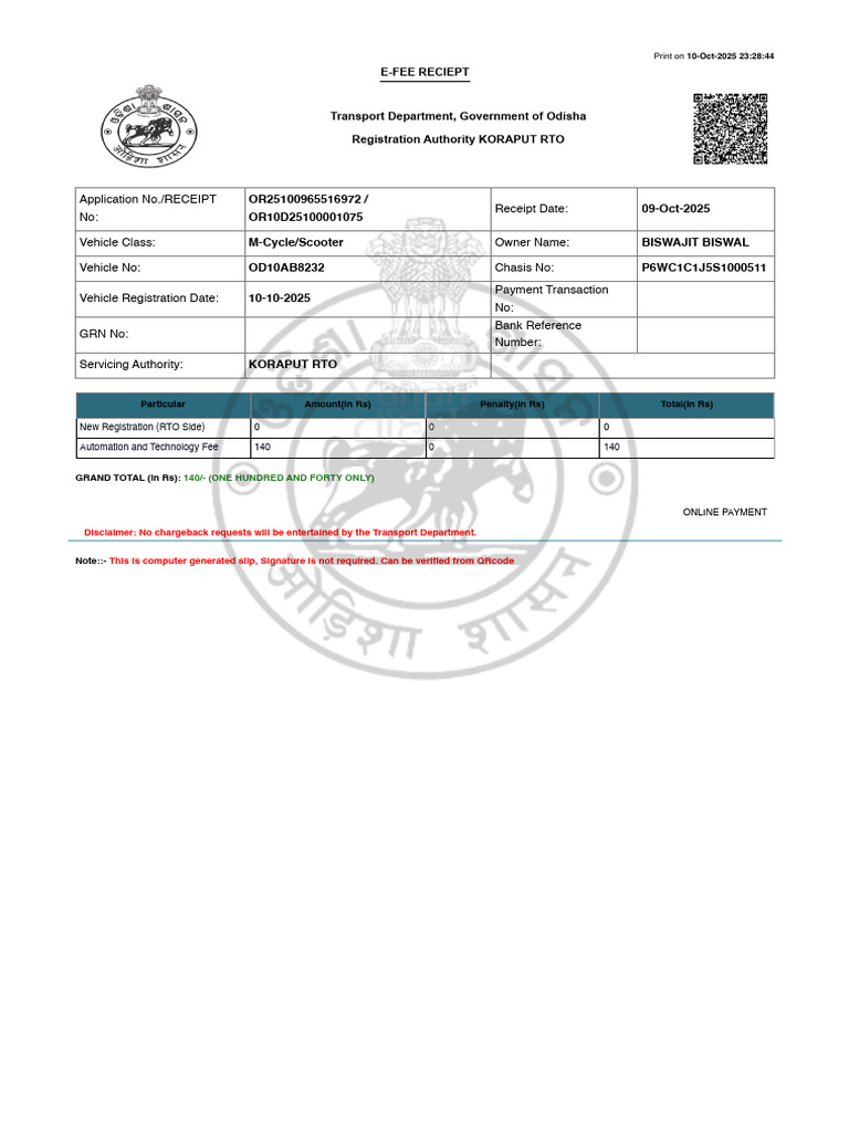 Odisha RTO E-Fee Receipt for Vehicle | PDF