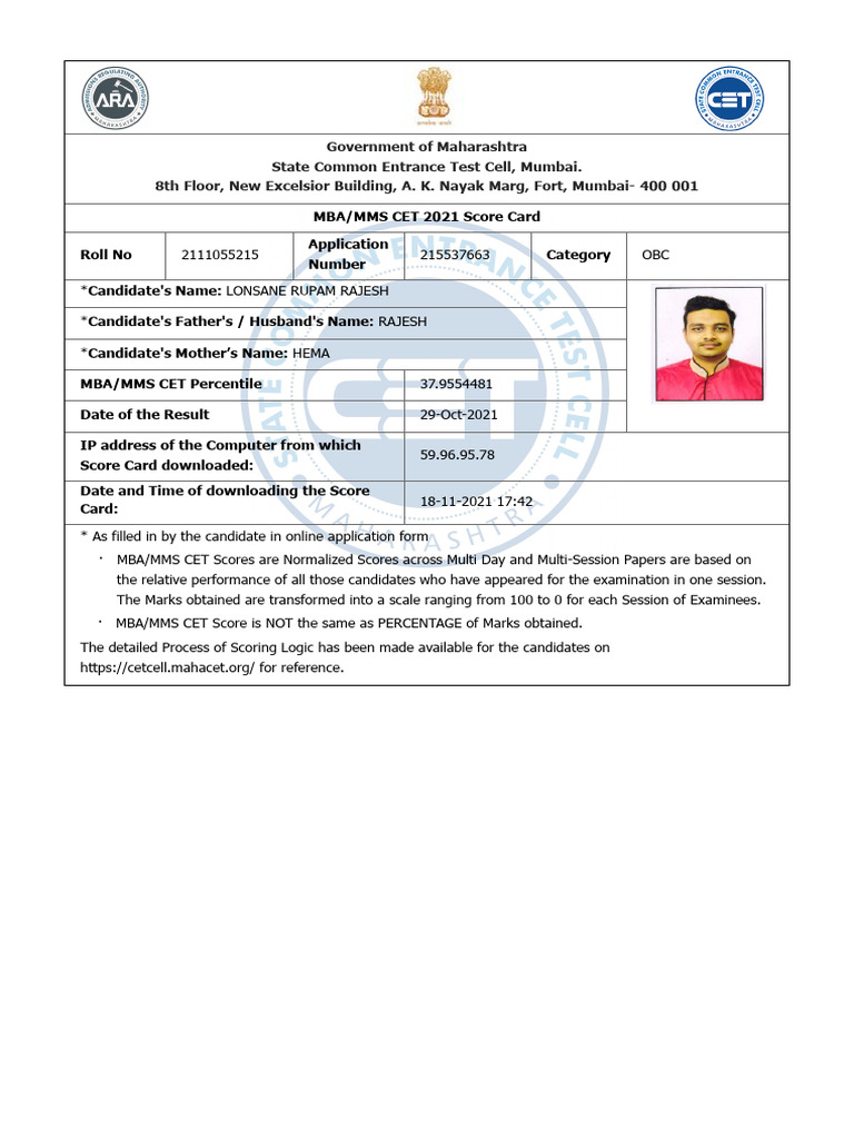 MBA/MMS CET 2021 Score Card Details | PDF