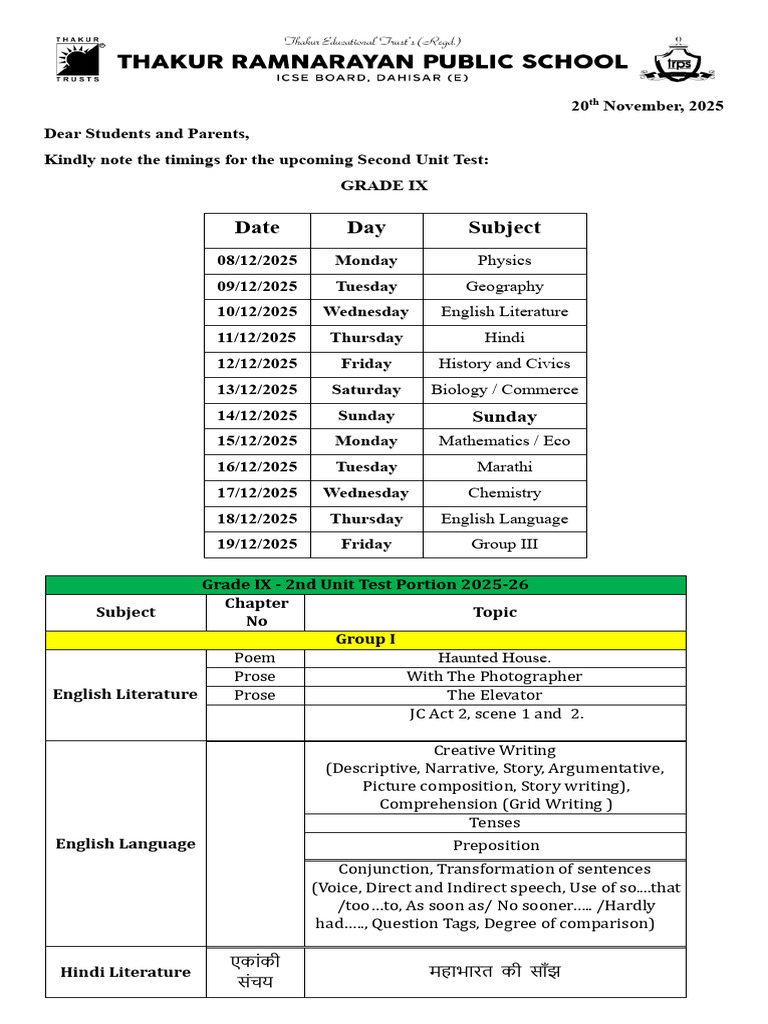 G9 UT 2 Timetable & Portion | PDF | Chemistry