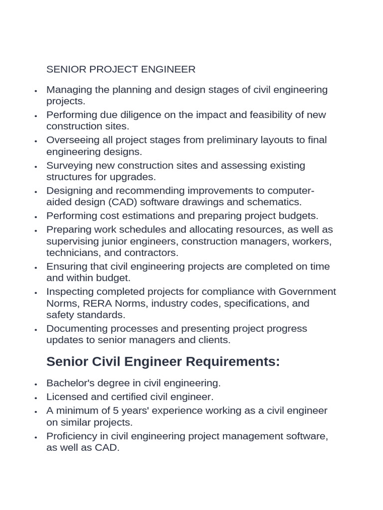 Senior Project Engineer & Assistant Roles | PDF | Retail | Project ...