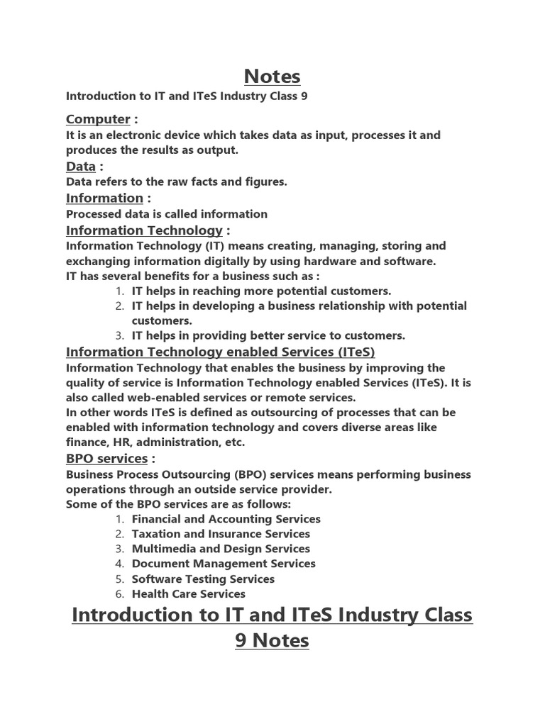 Introduction To IT and ITeS Industry Class 9 Important Notes | PDF ...
