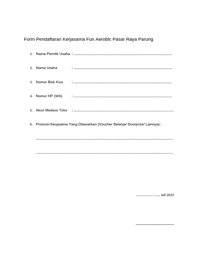 Form Pendaftaran Kerjasama Fun Aerobic Pasar Raya Parung | PDF