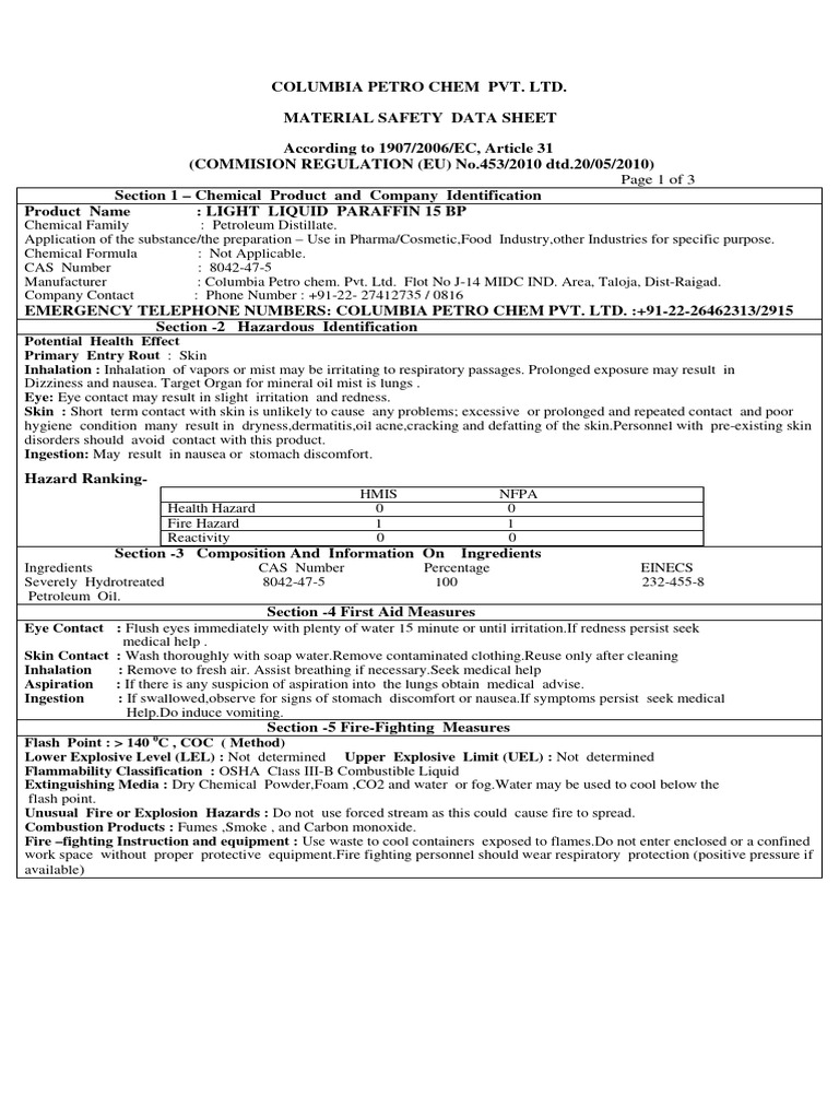Light Liquid Paraffin MSDS Guide | PDF | Toxicity | Water