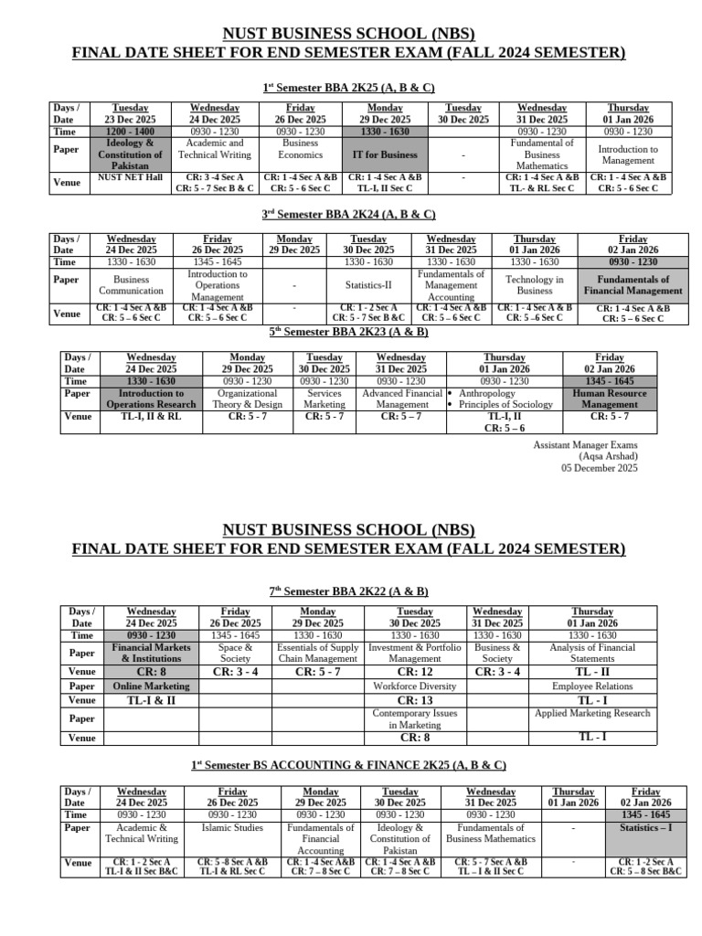 Final Date Sheet End Semester - Fall 2024 | PDF | Academic Term ...