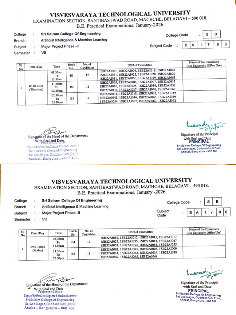 AI & ML Major Project Exam Schedule | PDF