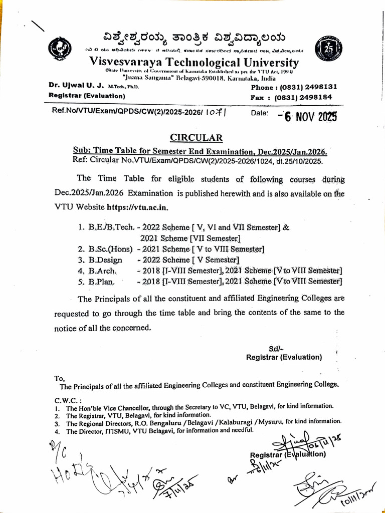 VTU Dec 2025/Jan 2026 Exam Timetable | PDF