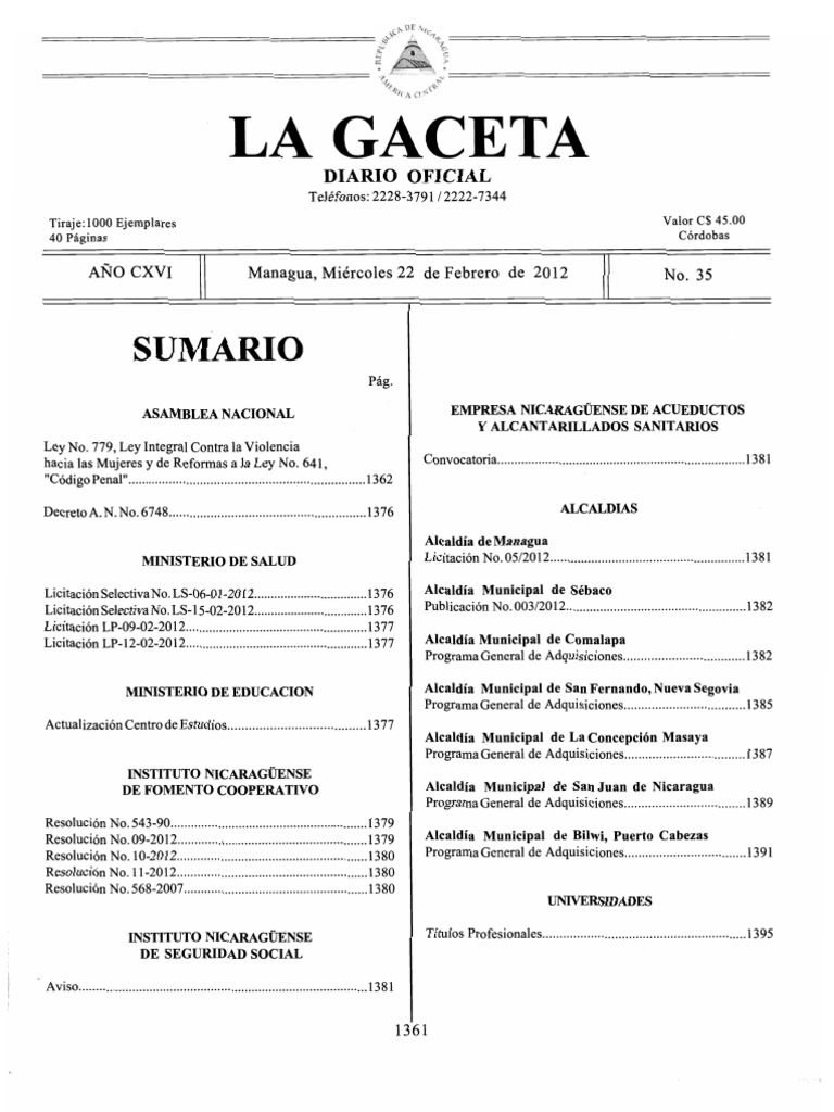 Ley 779 Reforma Código Penal Ley 641 | PDF