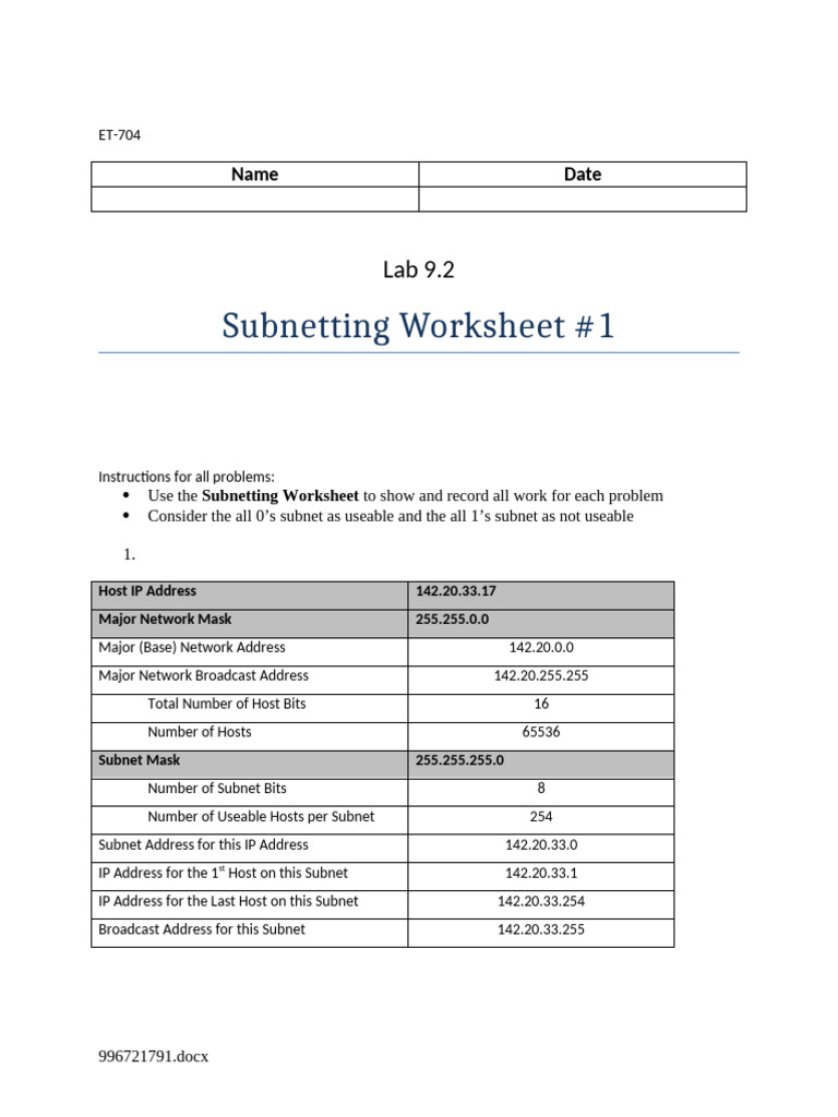 ET704Lab9 2-SubnettingWorksheet1 | PDF | Ip Address | Internet Protocols