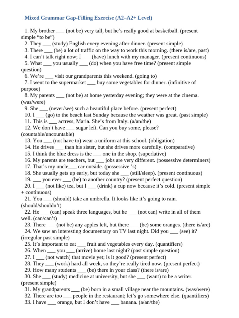 Mixed Grammar Gap-Filling A2 A2+ | PDF