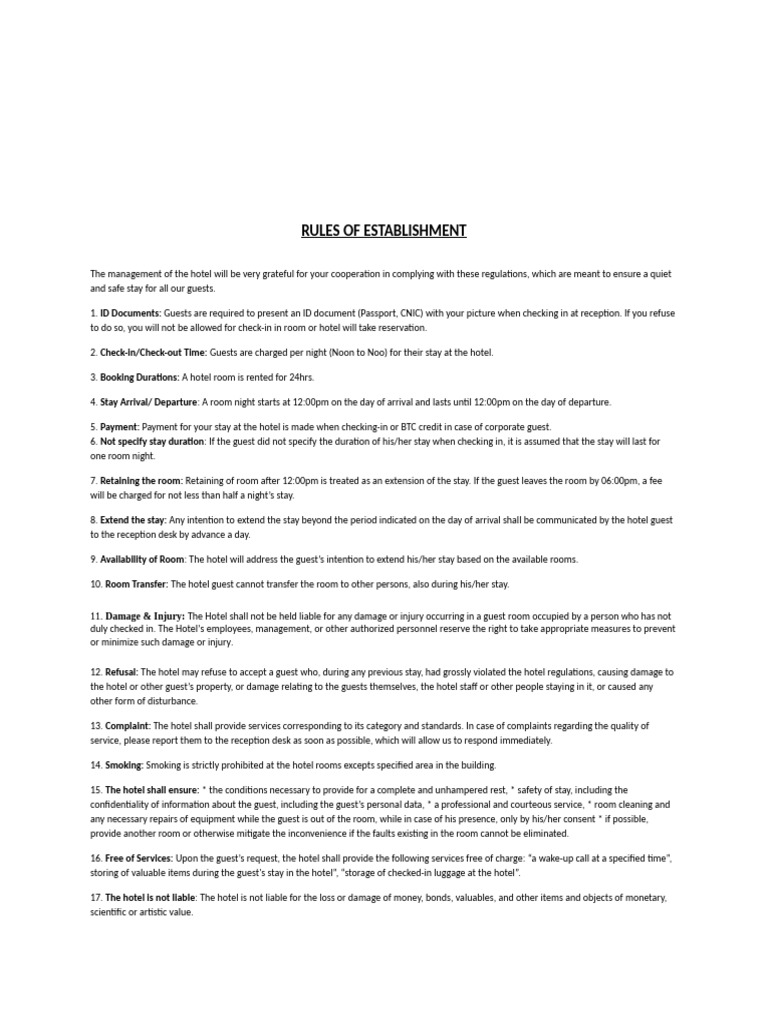 Hotel Rules and Regulations | PDF