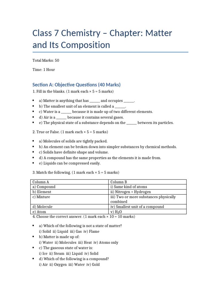 Class 7 Chemistry: Matter Composition Guide | PDF | Gases | Liquids