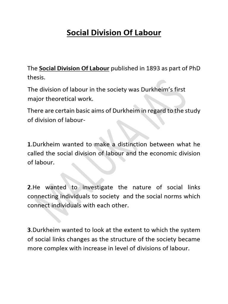 Durkheim's Social Division of Labour Analysis | PDF | Division Of ...