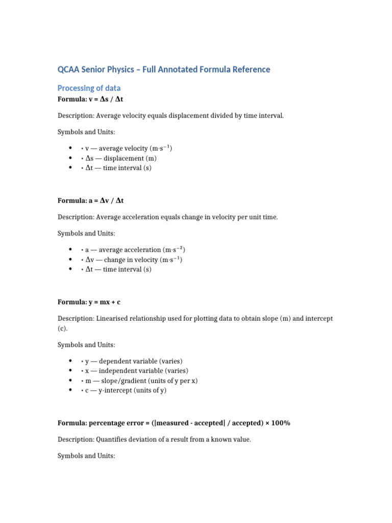 QCAA Senior Physics Formula Reference | PDF | Electronvolt | Force
