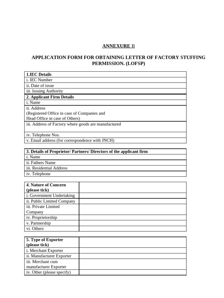 Factory Stuffing Permission Application Form | PDF
