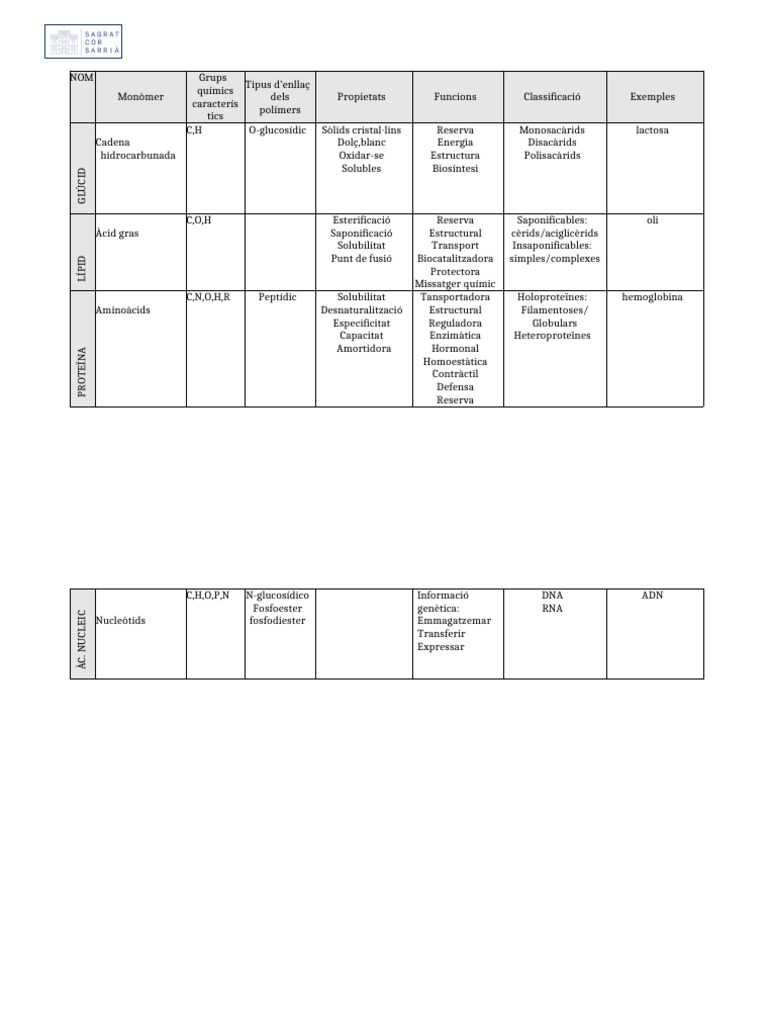 Quadre Biomolècules | PDF