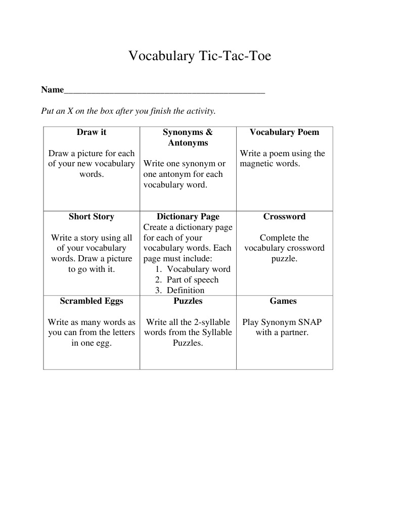 Vocabulary Tic Tac Toe Primary Sample | PDF