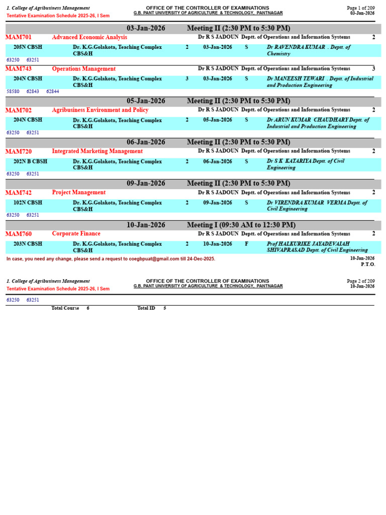 Tentative Examination Schedule For I Semester Final Examinations 2025 ...