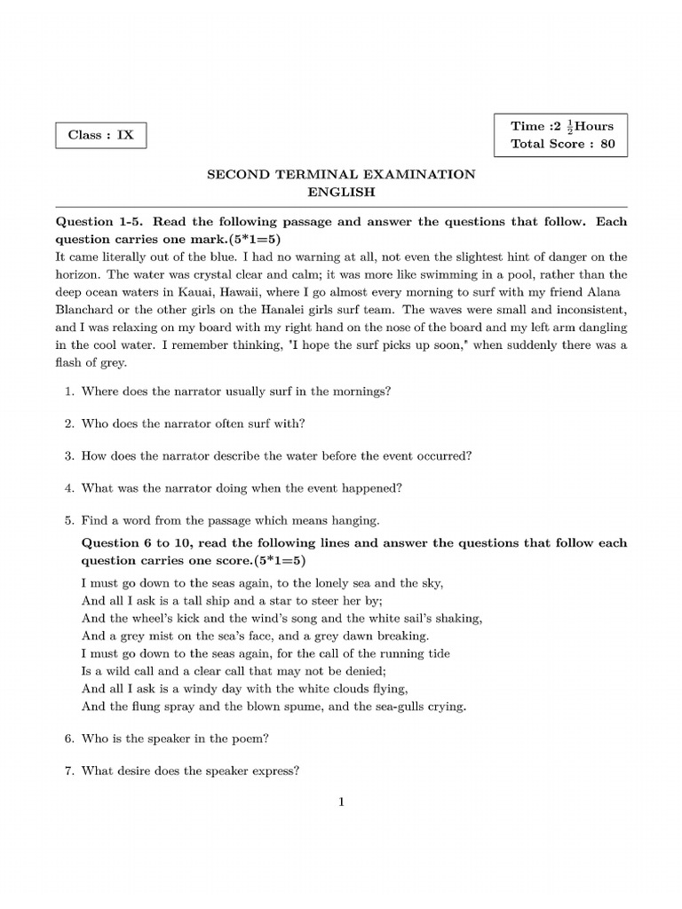 2nd Terminal Exam - English Question Paper PDF | PDF