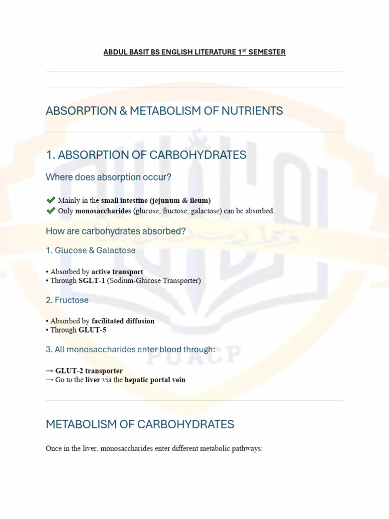 Absorption & Metabolism of Nutrients | PDF