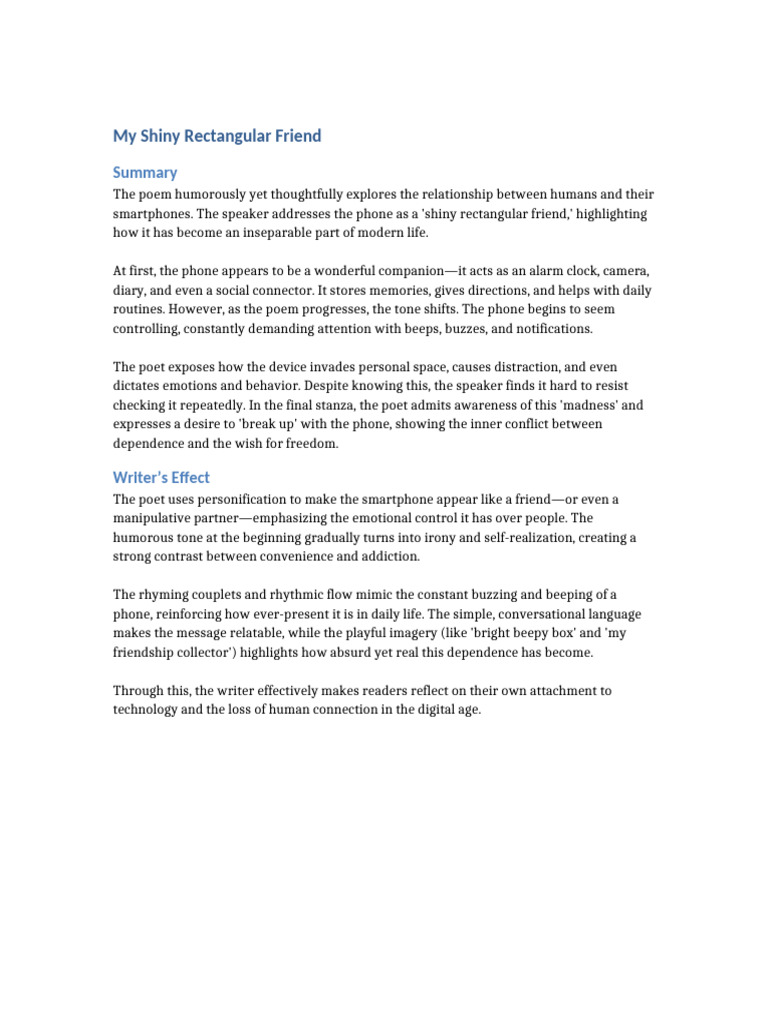 My Shiny Rectangular Friend Summary and Writers Effect | PDF