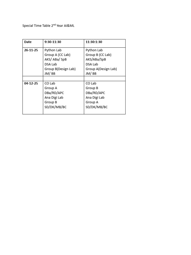 Special Time Table 2nd Year AI | PDF