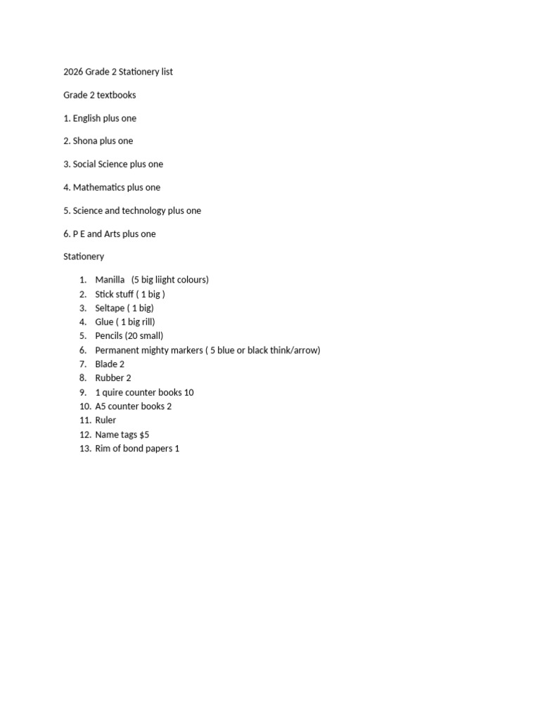 Grade 2 Requirement List | PDF