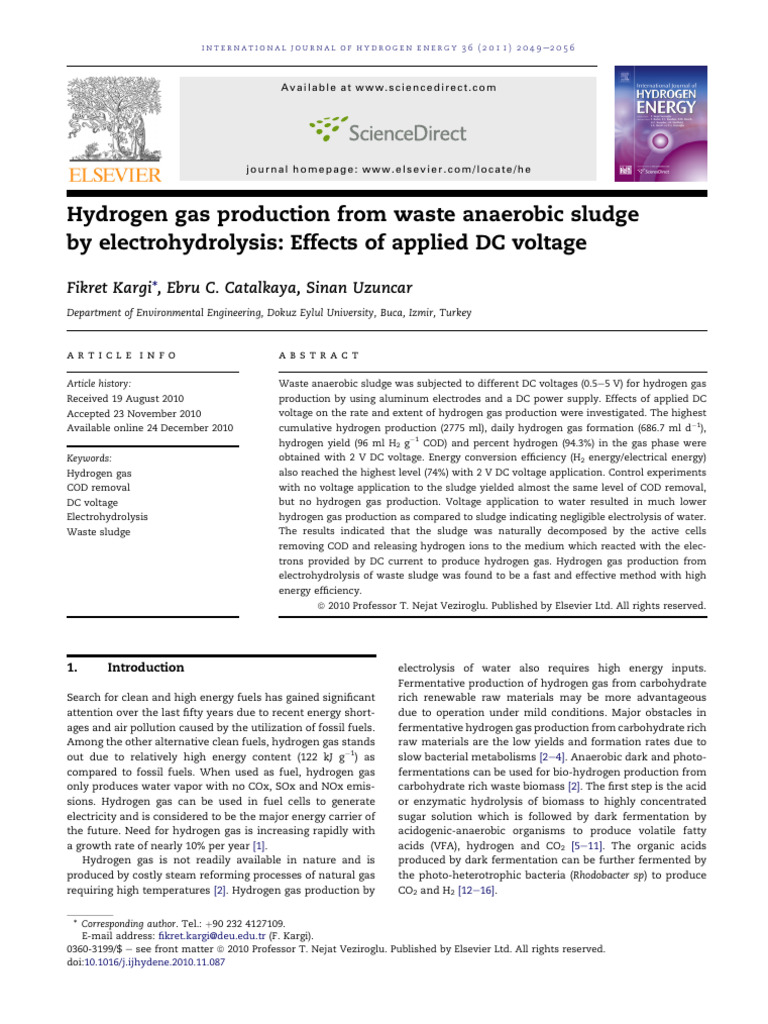 Hydrogen Gas Production From Waste Anaerobic Sludge by Electohydrolysis ...
