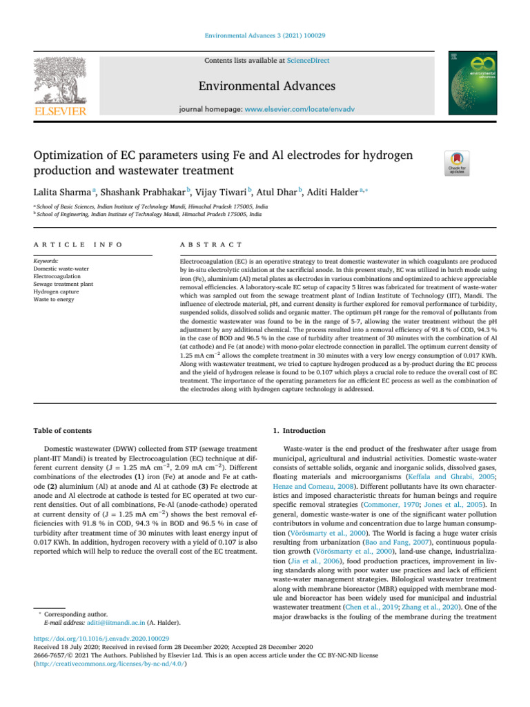 Optimization of EC Parameters Using Fe and Al Electrodes For Hydrogen ...