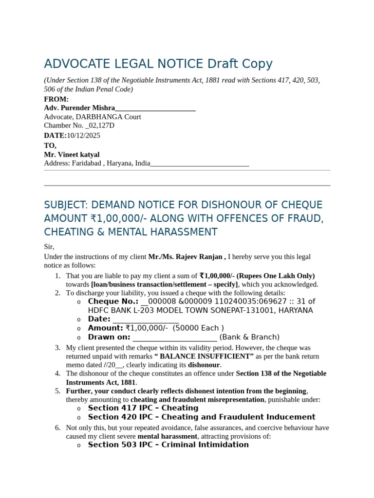 Legal Notice For Cheque Vineet | PDF | Cheque | Fraud
