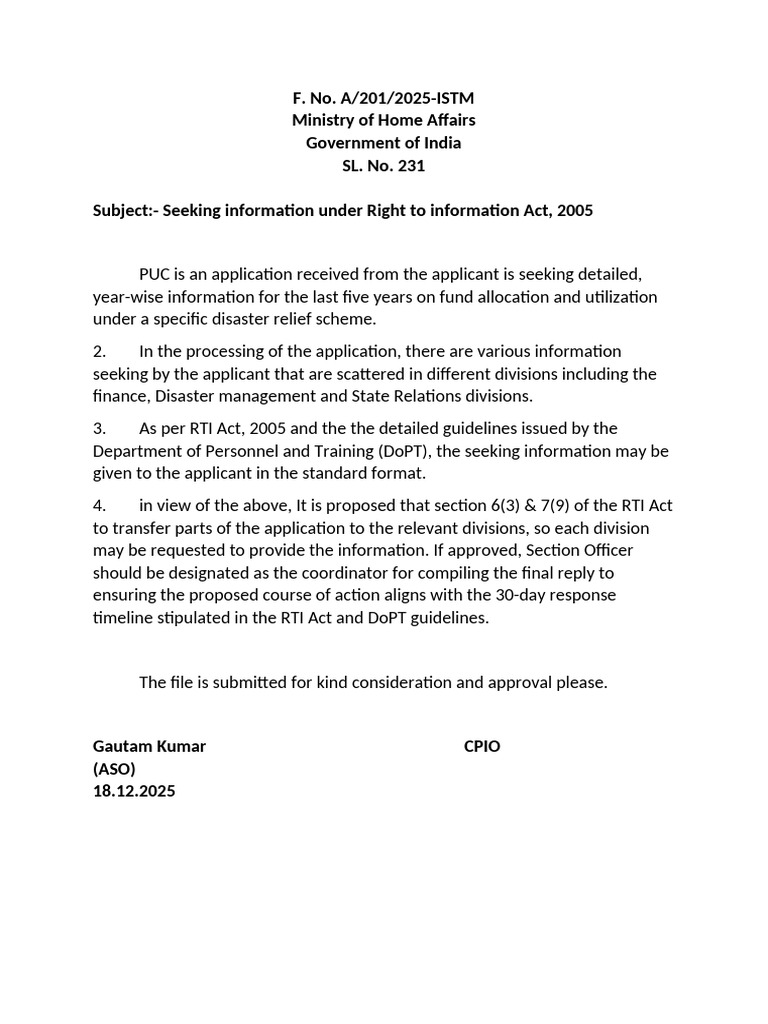 RTI Request on Disaster Relief Funding | PDF
