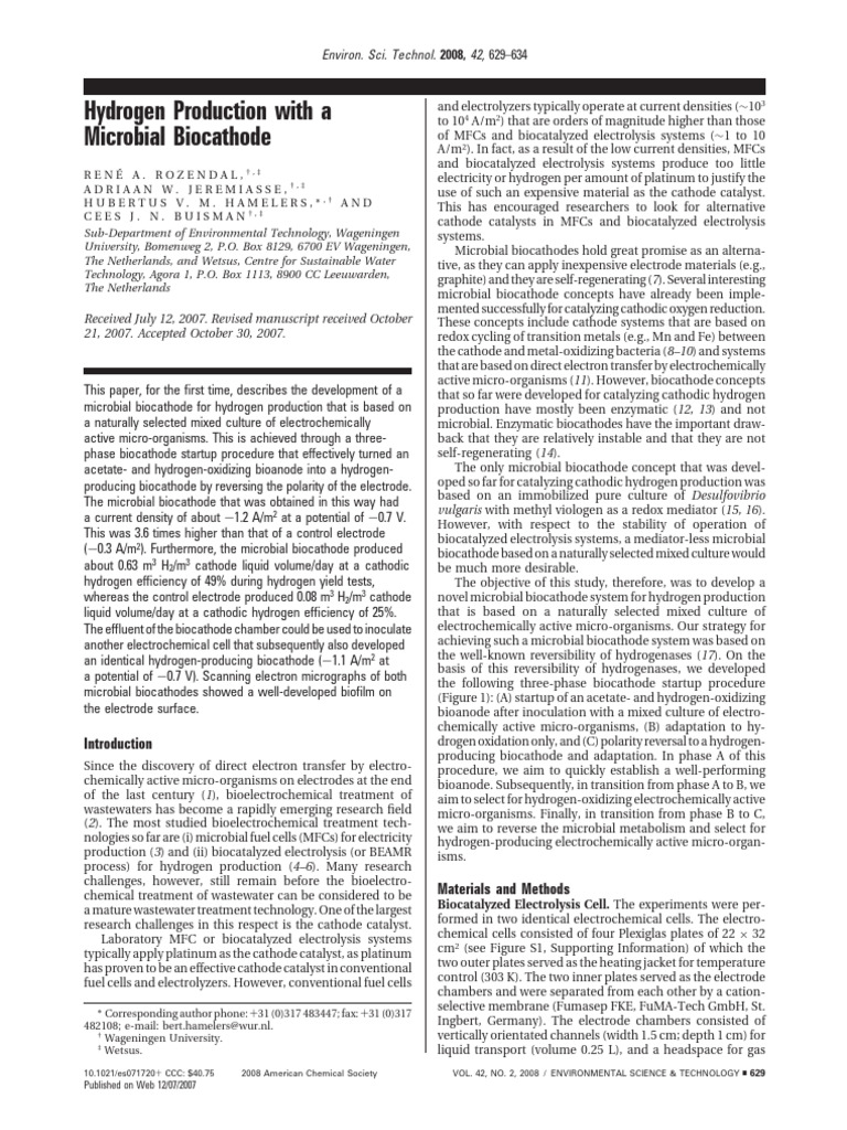 Hydrogen Production With A Microbial Biocathode | PDF ...