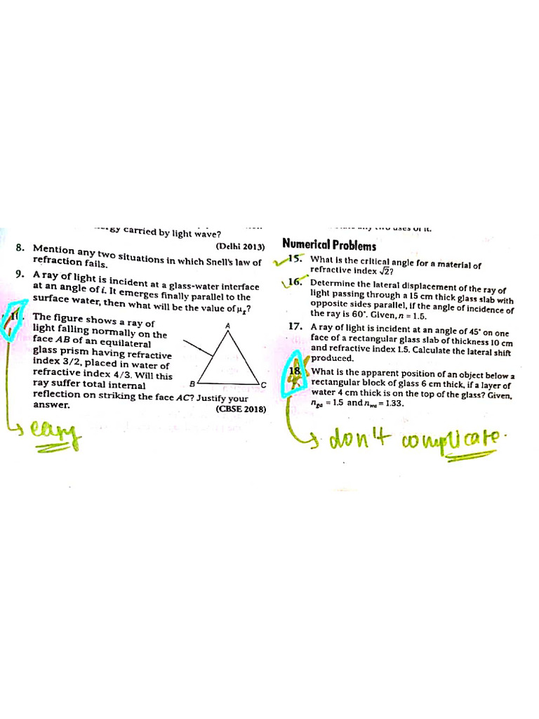 Physics Important Question (Refractive Index) | PDF