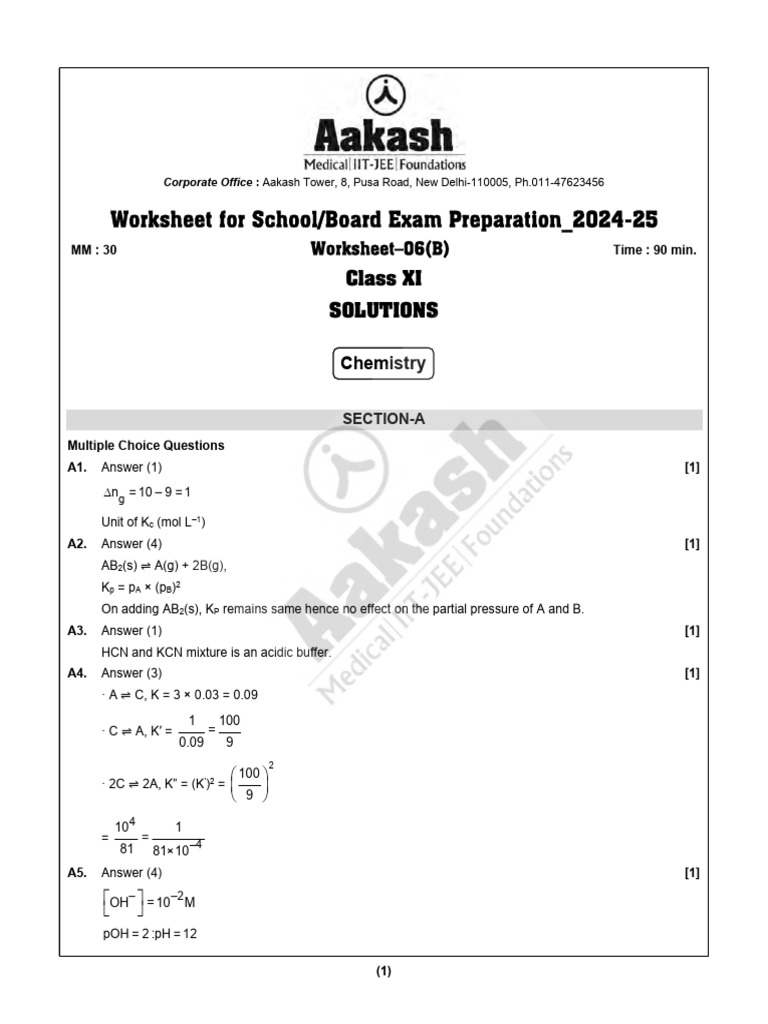 Practice WS-06 (B) Chemistry XIth Equilibrium Sol | PDF | Chemical ...