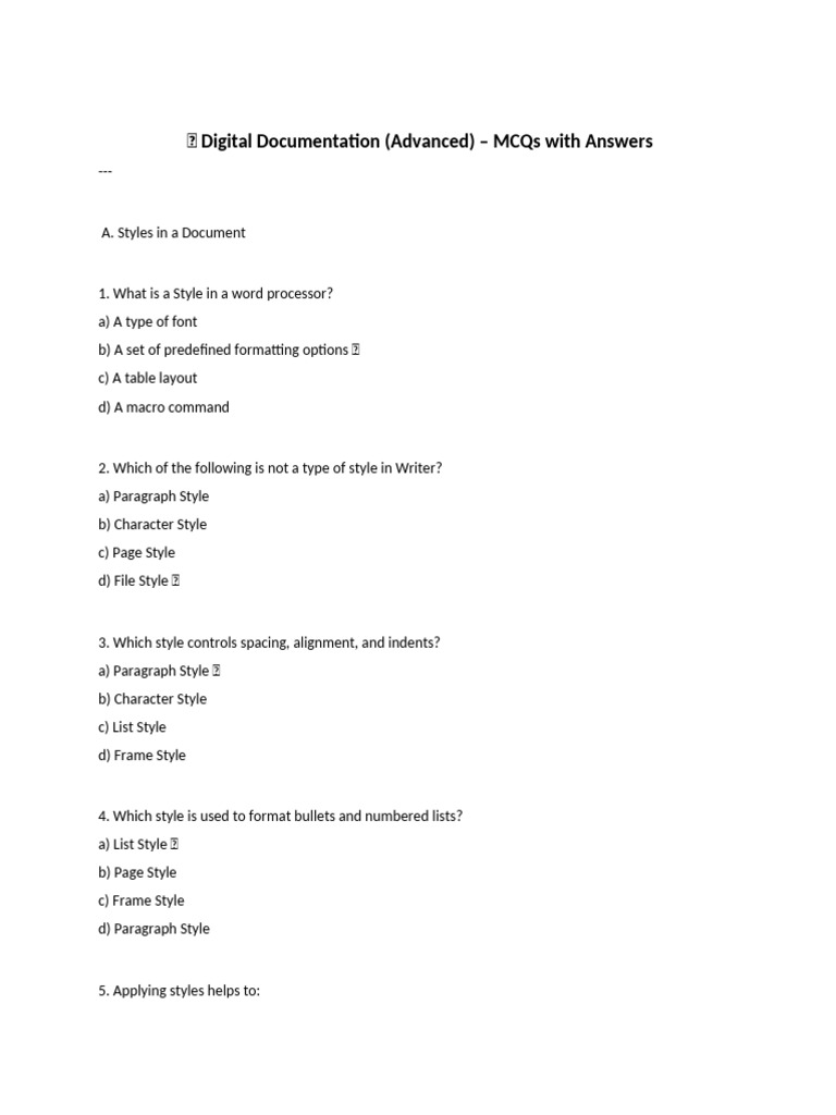 Advanced Digital Documentation MCQs | PDF | Page Layout | Paragraph