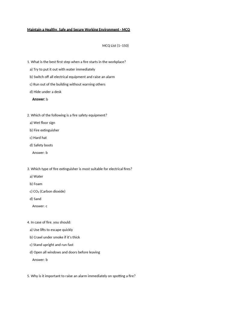 Maintain Healthy Safe and Secure Working Environment MCQs | PDF ...