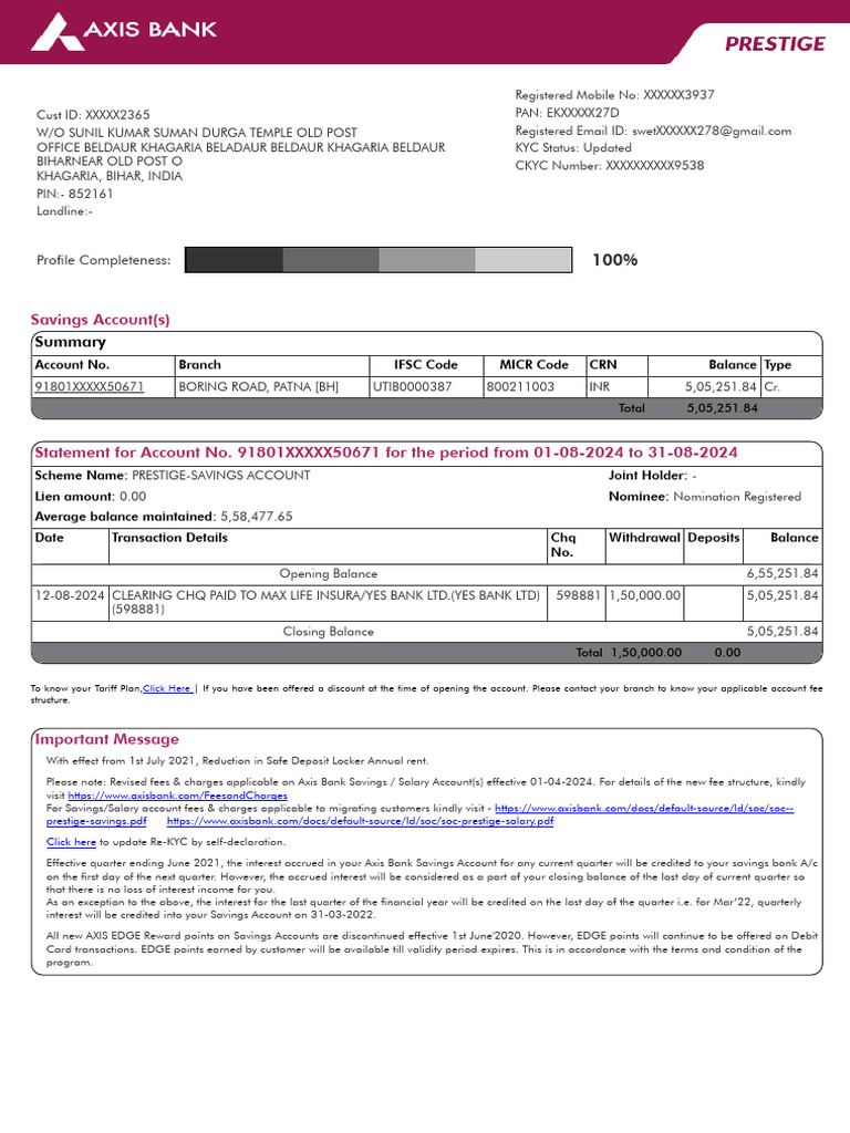 AXIS BANK Statement For August 2024 - Unlocked | PDF | Banks | Debit Card