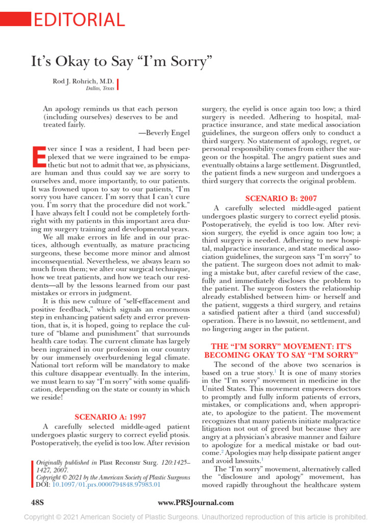 2021-Rohrich-It's Okay To Say "I'm Sorry" | PDF | Patient | Patient Safety