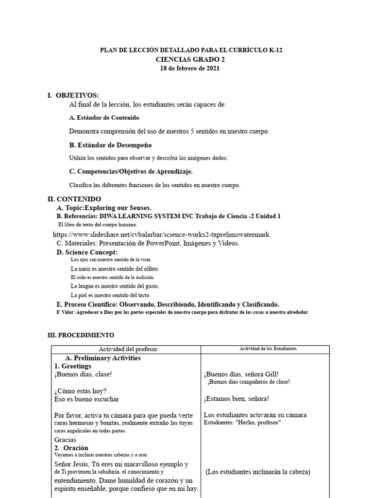 Plan de Lección Detallado para El Currículo de Ciencias de K-12 Grado 2 ...
