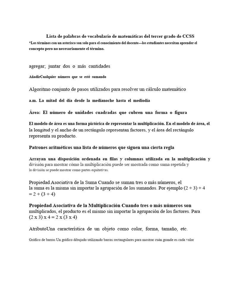 Vocabulario Matemático 3er Grado CCSS | PDF | Multiplicación | División ...