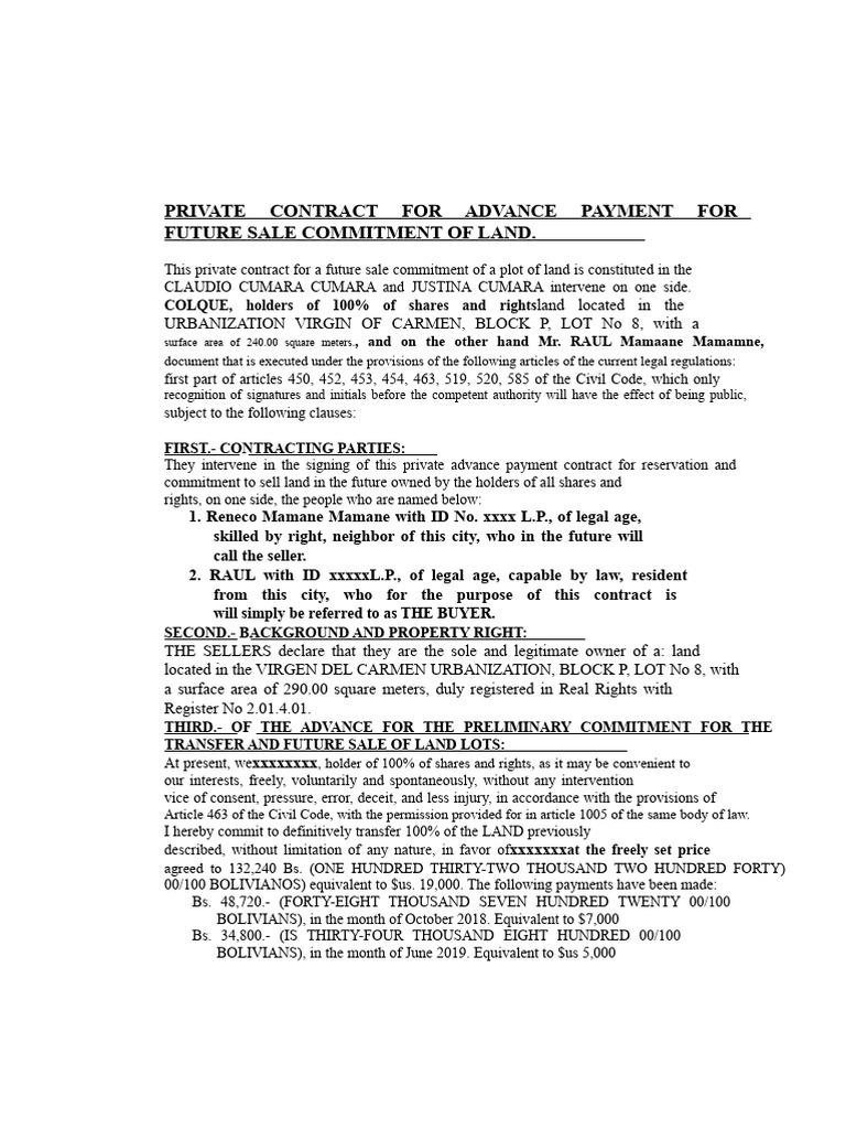 Private Contract For Advance Payment For Future Sale Commitment of Land ...