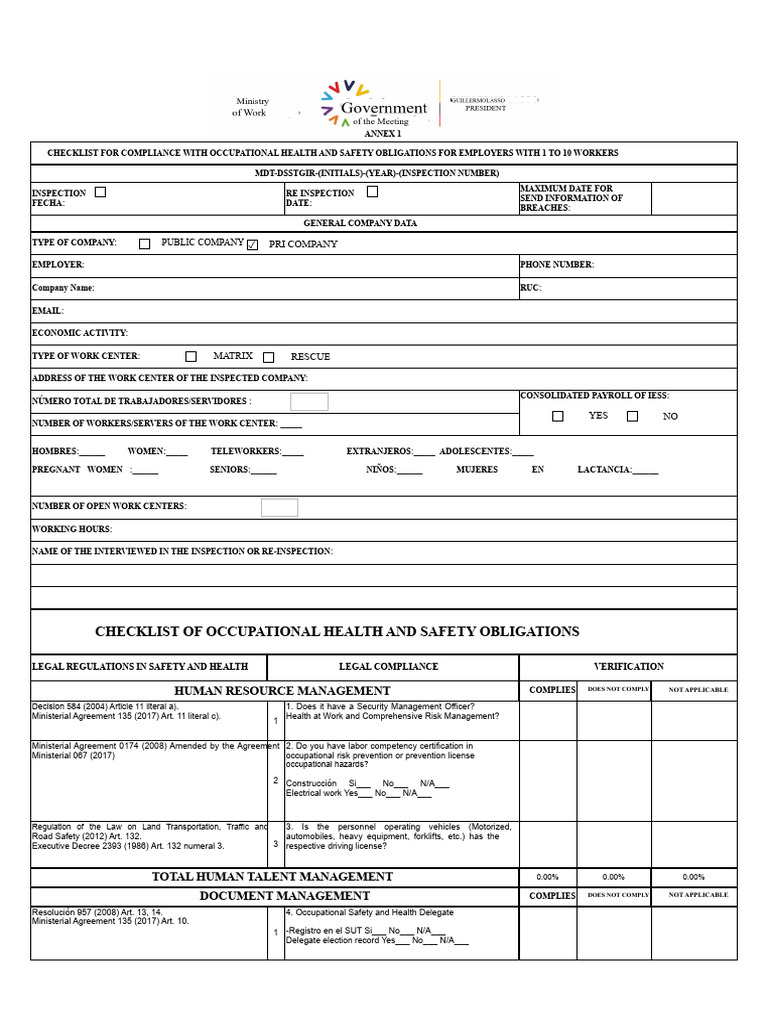 Safety and Health Checklist For Work 1 To 10 Workers | PDF ...