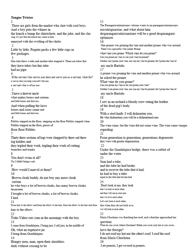 Fun and Challenging Tongue Twisters | PDF