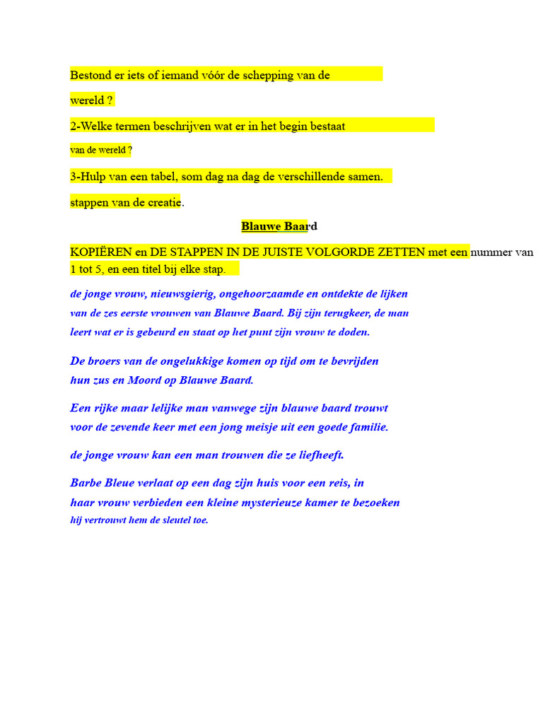 Blauwe Baard HERSTEL DE STAPPEN VAN HET NARRATIEVE SCHEMA IN DE JUISTE ...