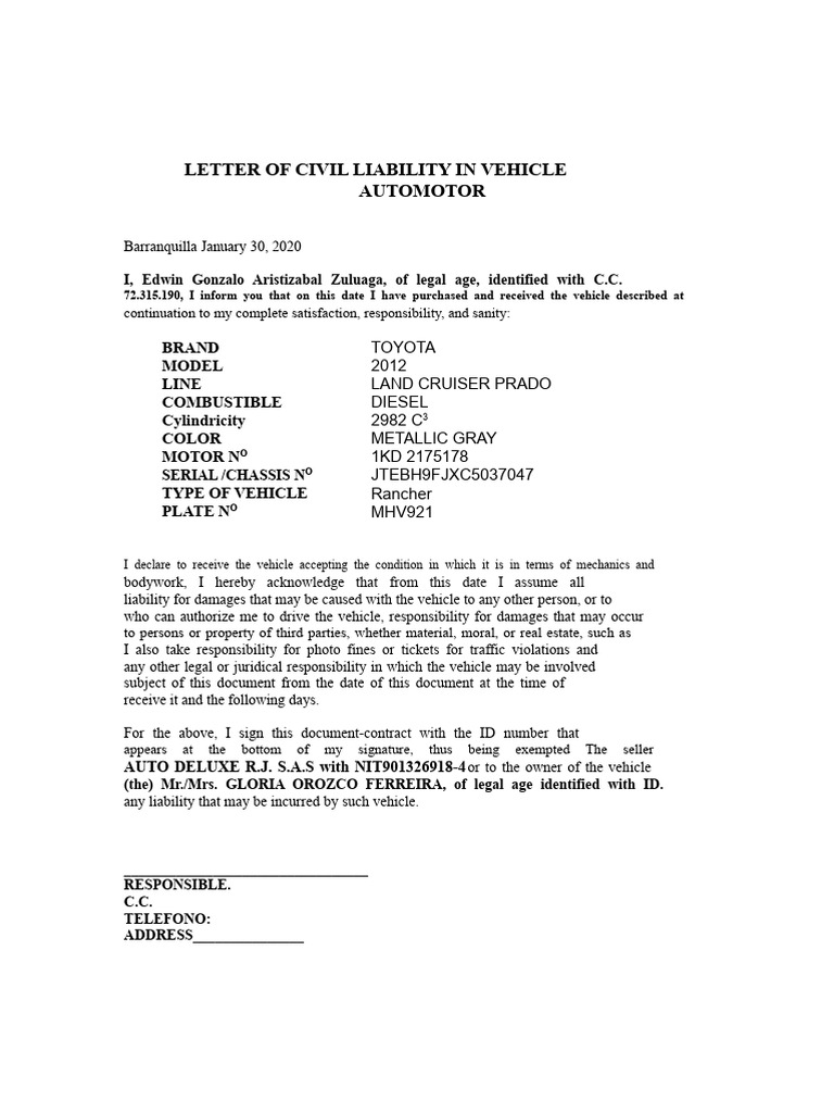 Civil Liability Letter for Vehicle Purchase | PDF