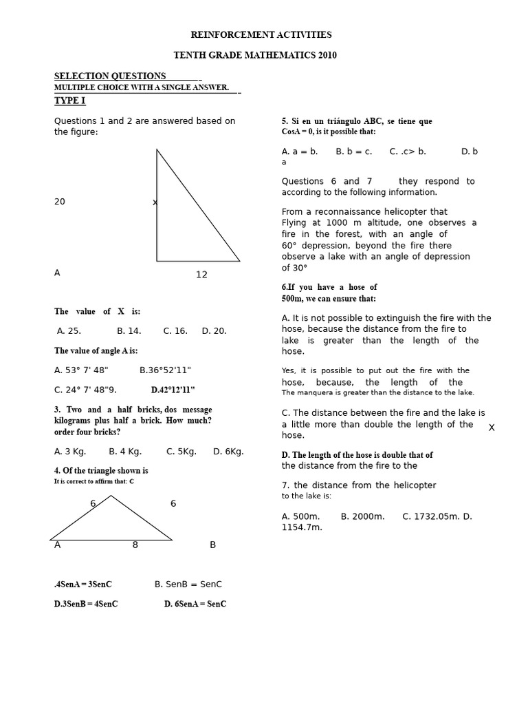 Mathematics Reinforcement Workshop 10th Grade | PDF | Trigonometry | Angle