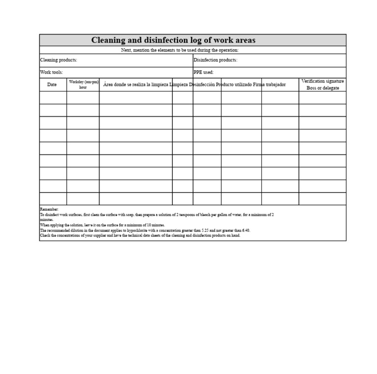 Cleaning and Disinfection Log | PDF